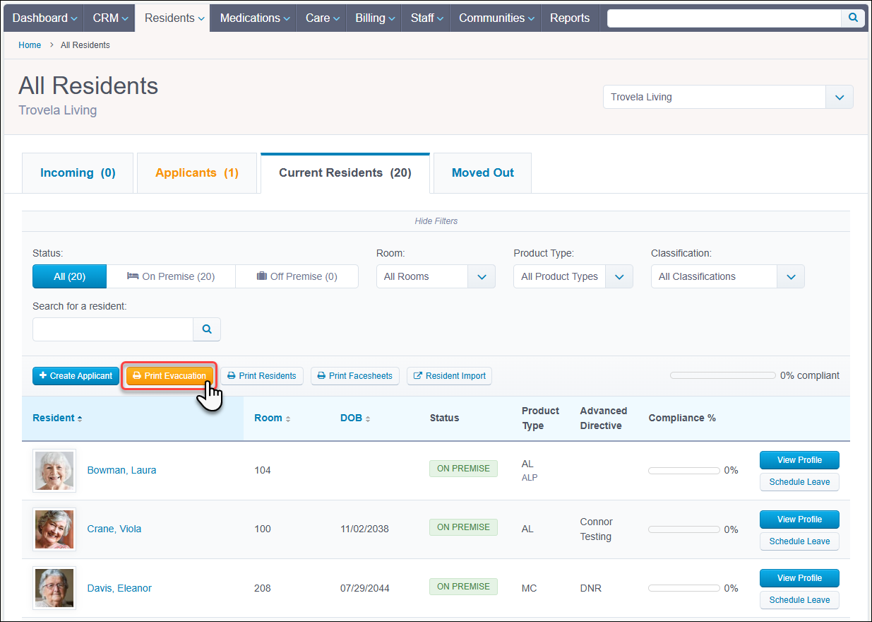 Resident Evacuation Report – Medtelligent